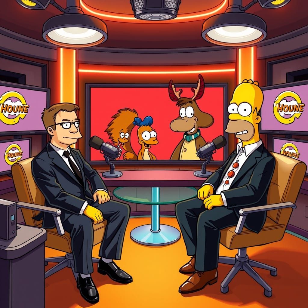 Bond and Homer Podcast Icons in a Retro-Modern Mas... - AI Art