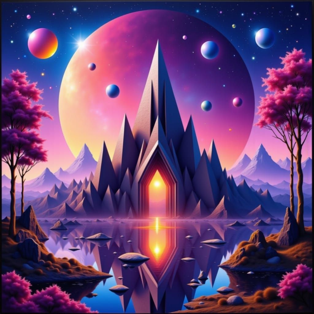 Ancient Alien Temple - Surreal Cosmic Temple in Vibrant Geom...