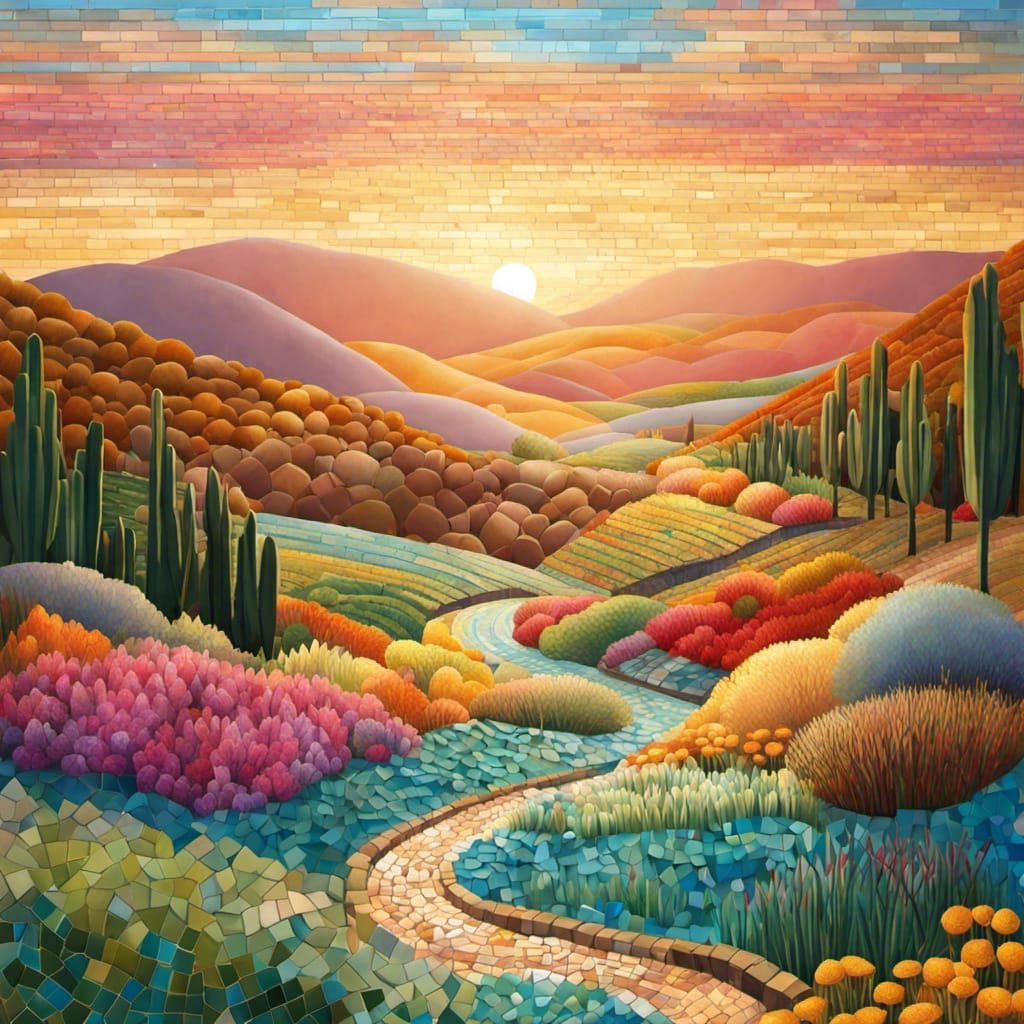 Mosaic Landscape; inspired by David Hockney; High-quality render by ...