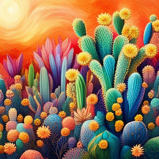 Complex cactus 🌵 in intricate magical desert, geometric abstract art ...