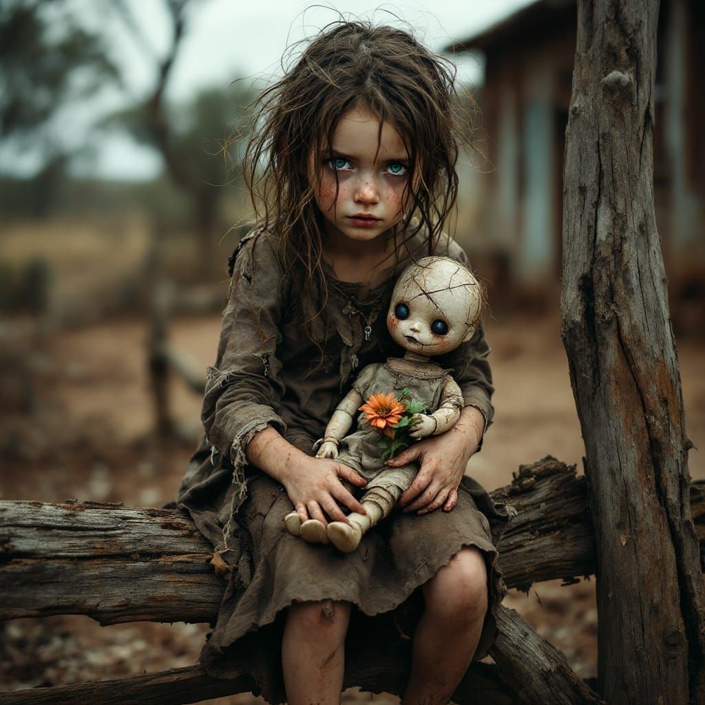 Gritty Girl in Tattered Brown Dress, Australian Ou... - AI Art