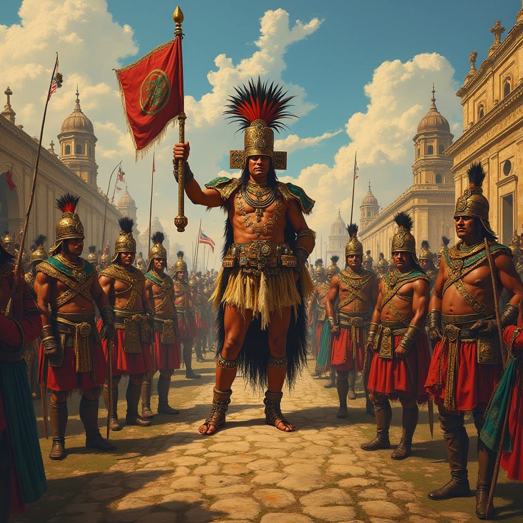 Aztec Leader Cuauhtémoc Surrounded by Spanish Sold... - AI Art