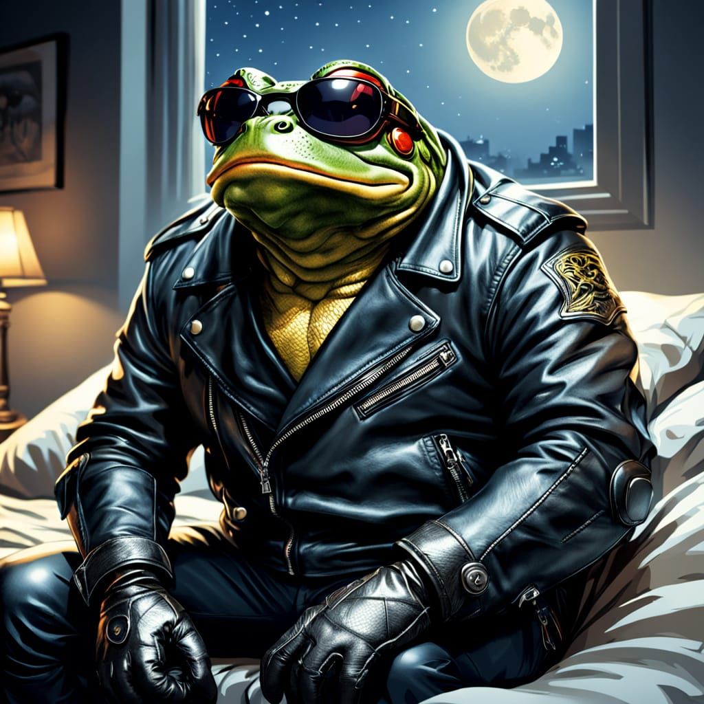Comic Book Bullfrog Biker in Leather Jacket - AI Art