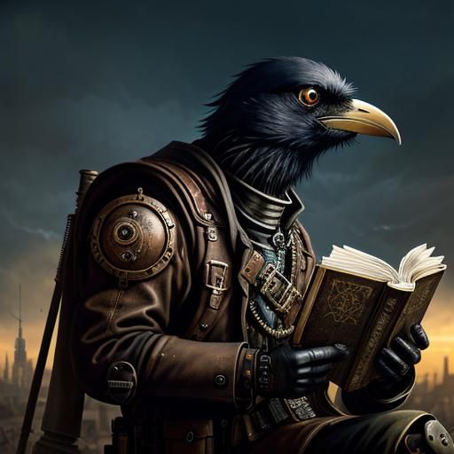 Steampunk Crow reading a book in post apocalyptic wasteland - AI ...