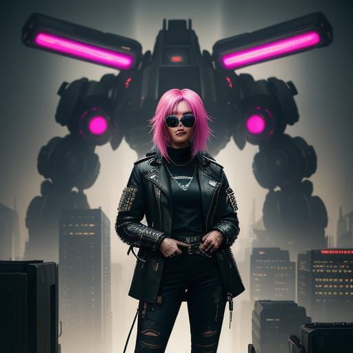 Cyberpunk Girl Holds Plasma Rifle as Mech Robots R... - AI Art