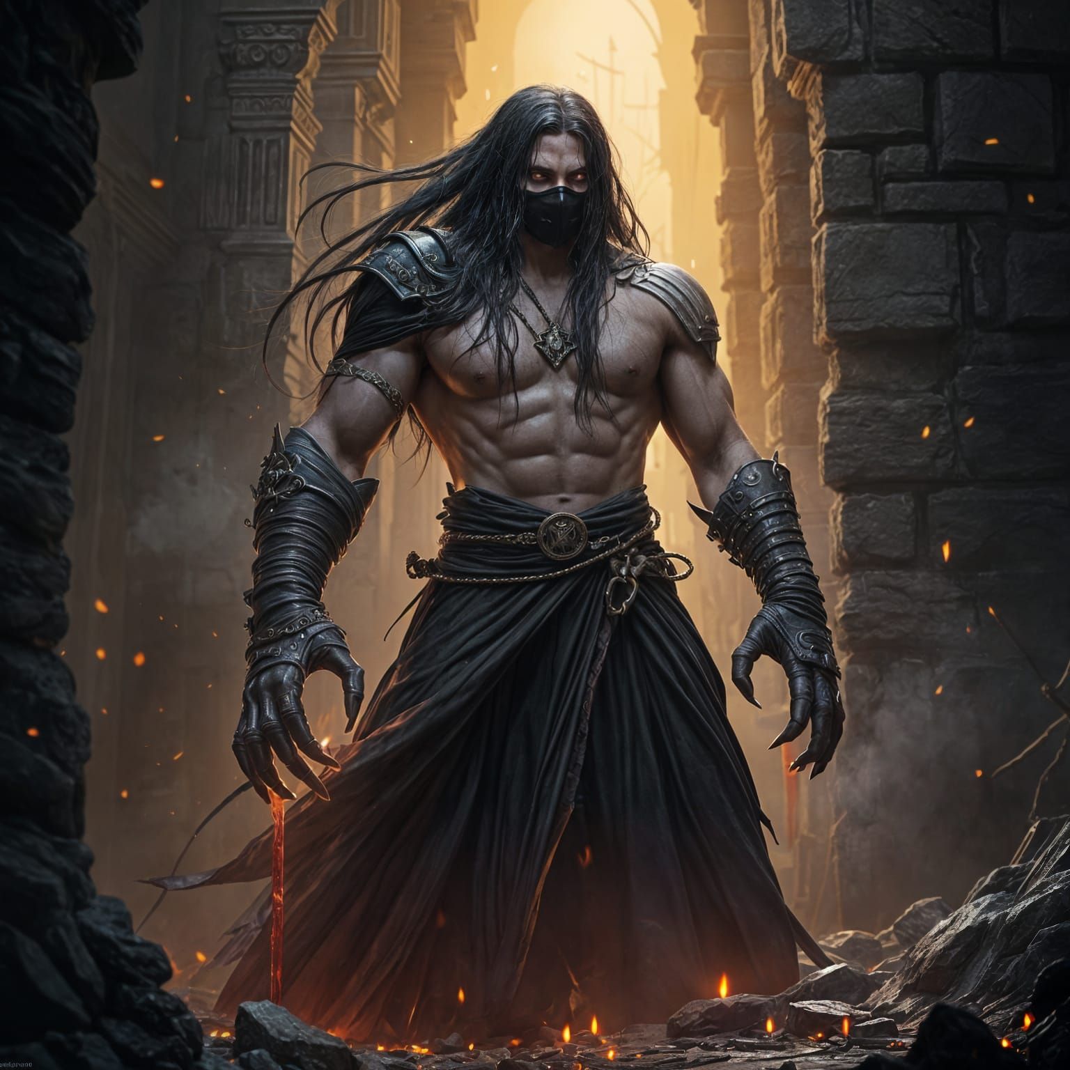 Dark Fantasy Dhampir Monk in a Bloody Dungeon - AI Art