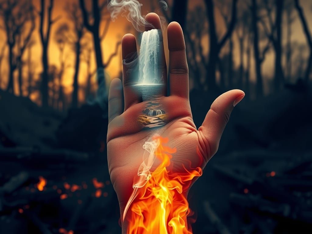 Water falling into fire in her hands