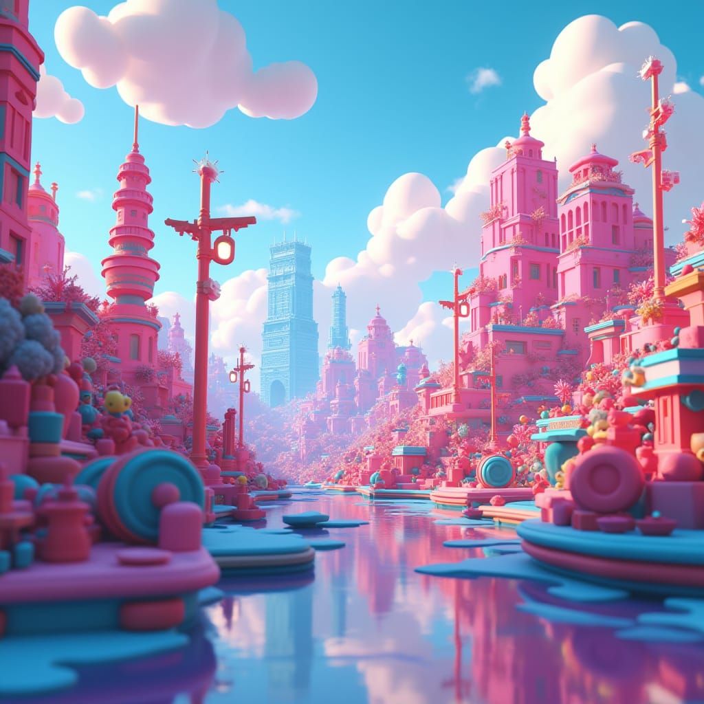 Roblox 🎮 - Futuristic Blocky Cityscape in Vibrant Neon Colo...