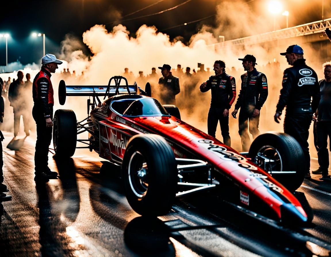 Drag race between top fuel dragster in a drag pit with publics, pure ...