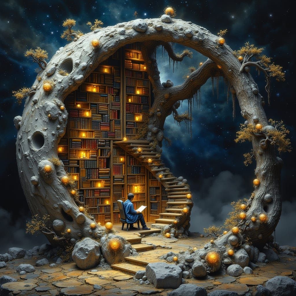 Moon tree library - Dreamlike Lunar Library Scene in Dark O...