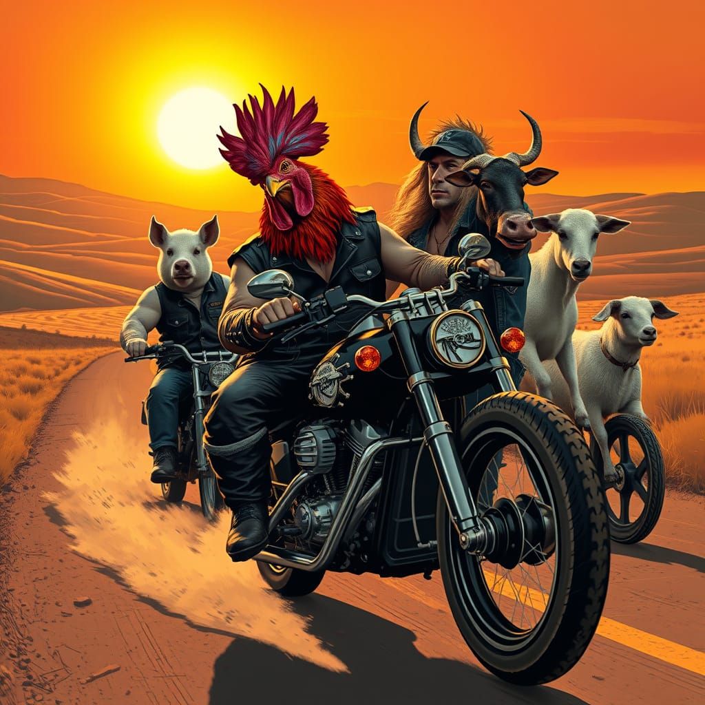 Biker Barnyard Rebels Ride Free in a Golden Sunset - AI Art