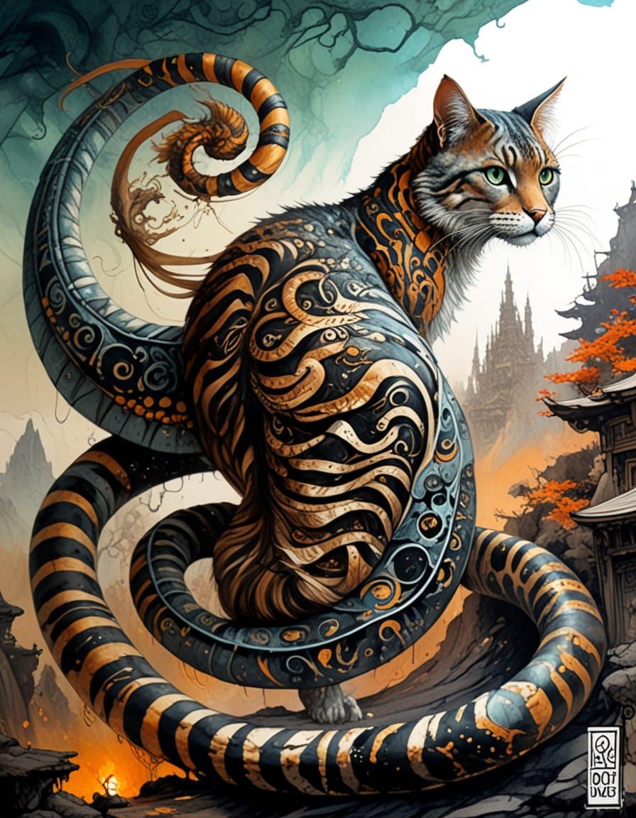 Dreamlike Tortoiseshell Cat in Intricate Line Draw... - AI Art