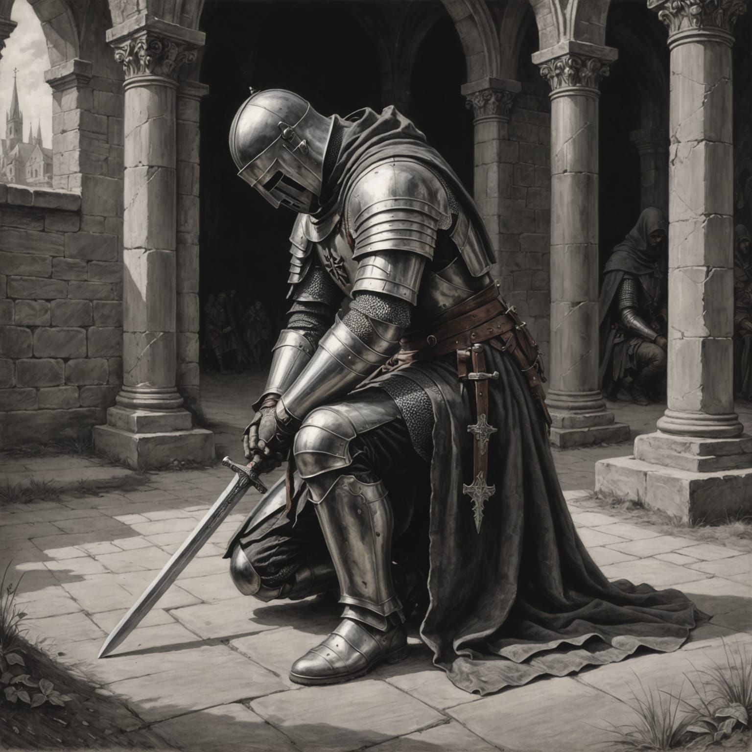 The solemnity of a Templar knight kneeling in prayer, one knee bent ...