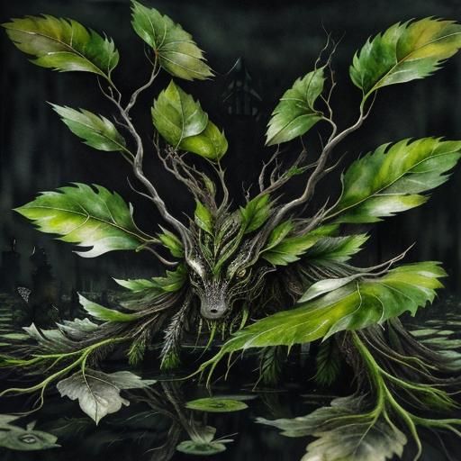 Double exposure photography of a creature made of roots, leaves and a ...