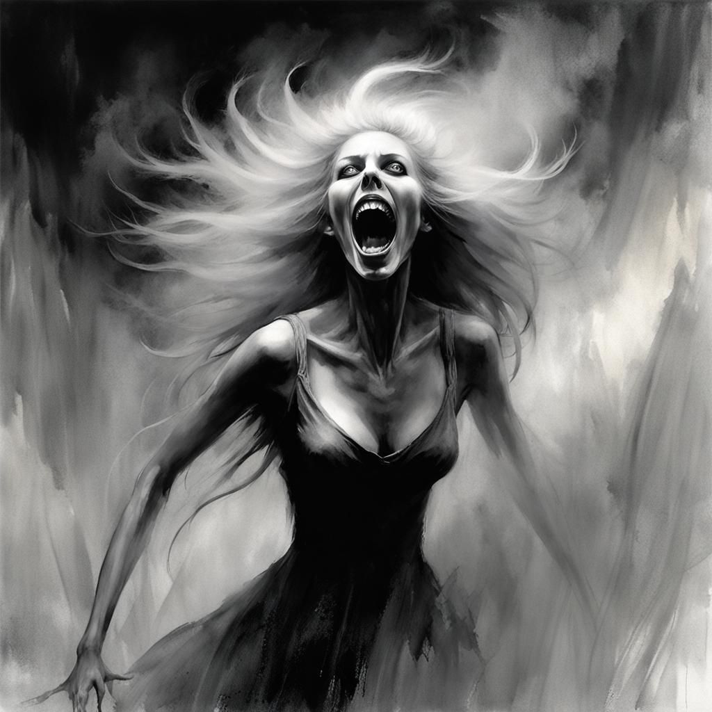 Banshee - Ethereal Female Banshee in Monochrome Watercolor