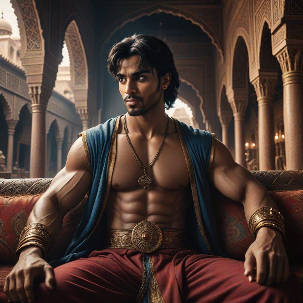 Aladdin lying at rest on a padded sofa in king's palace