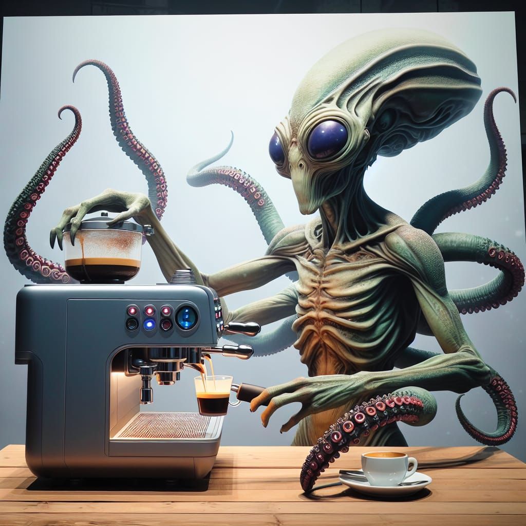 Alien Barista Brews Coffee in Bustling Space Café - AI Art