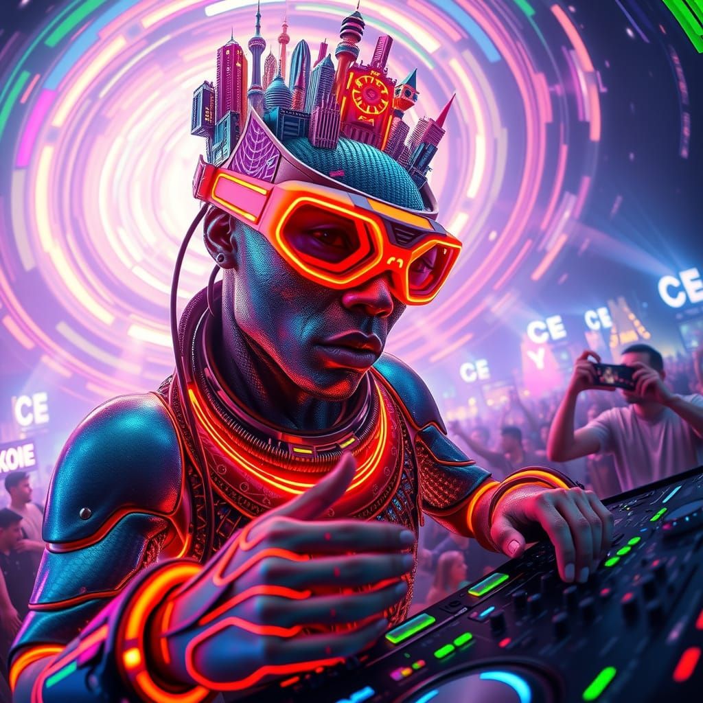 Everion - Futuristic Raver God in Neon-Pulsing Rave Party