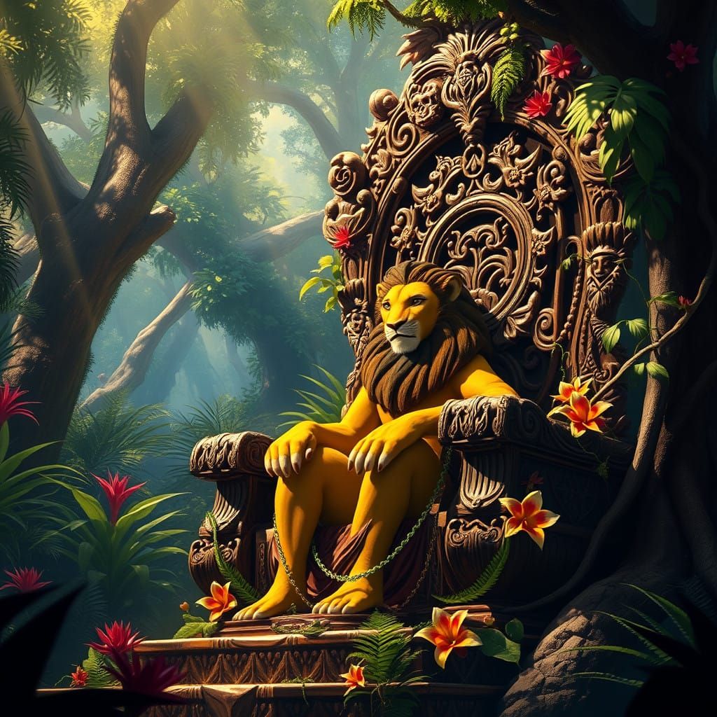 Majestic Lion King Reigns Supreme in Jungle Throne - AI Art