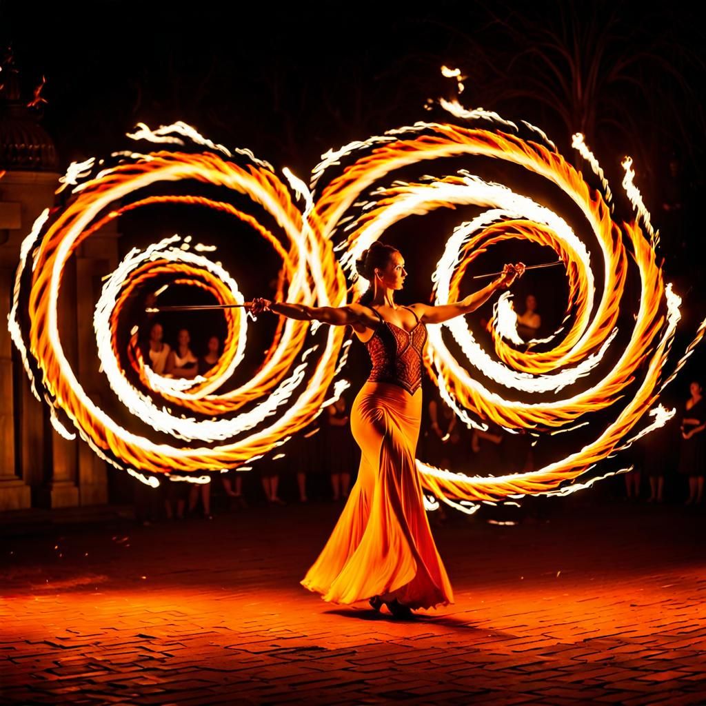 A performance of fire dancers, gracefully twirling and manipulating ...