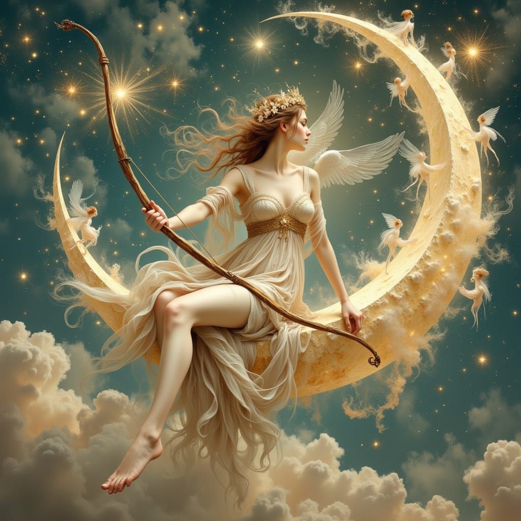 Artemis on a crescent moon surrounded by celestial beings