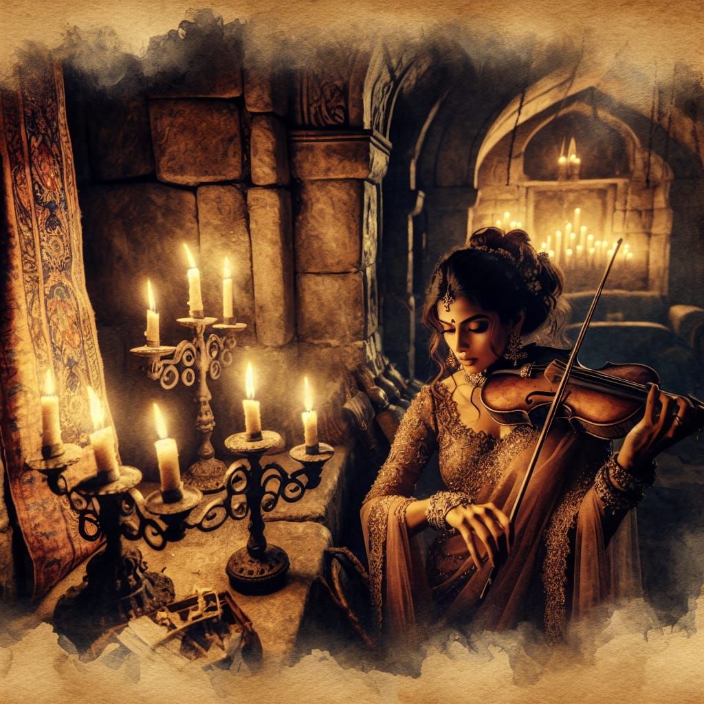 Medieval Lair a beautiful woman playing the violin, magic watercolor ...