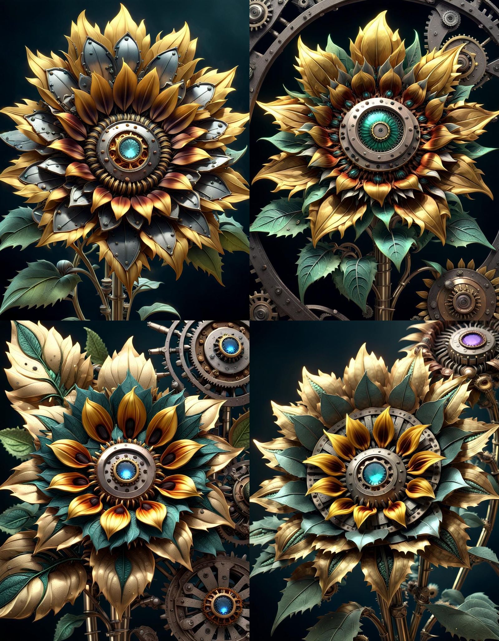 metal mechanical steampunk flower sunflower. gems. the flower grows on ...