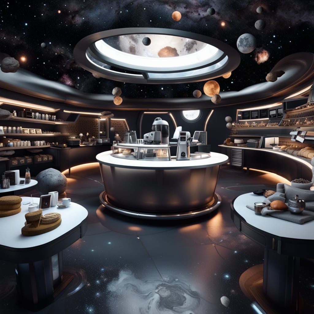 Interstellar Cafe Shop on an asteroid belt - AI Generated Artwork - NightCafe Creator