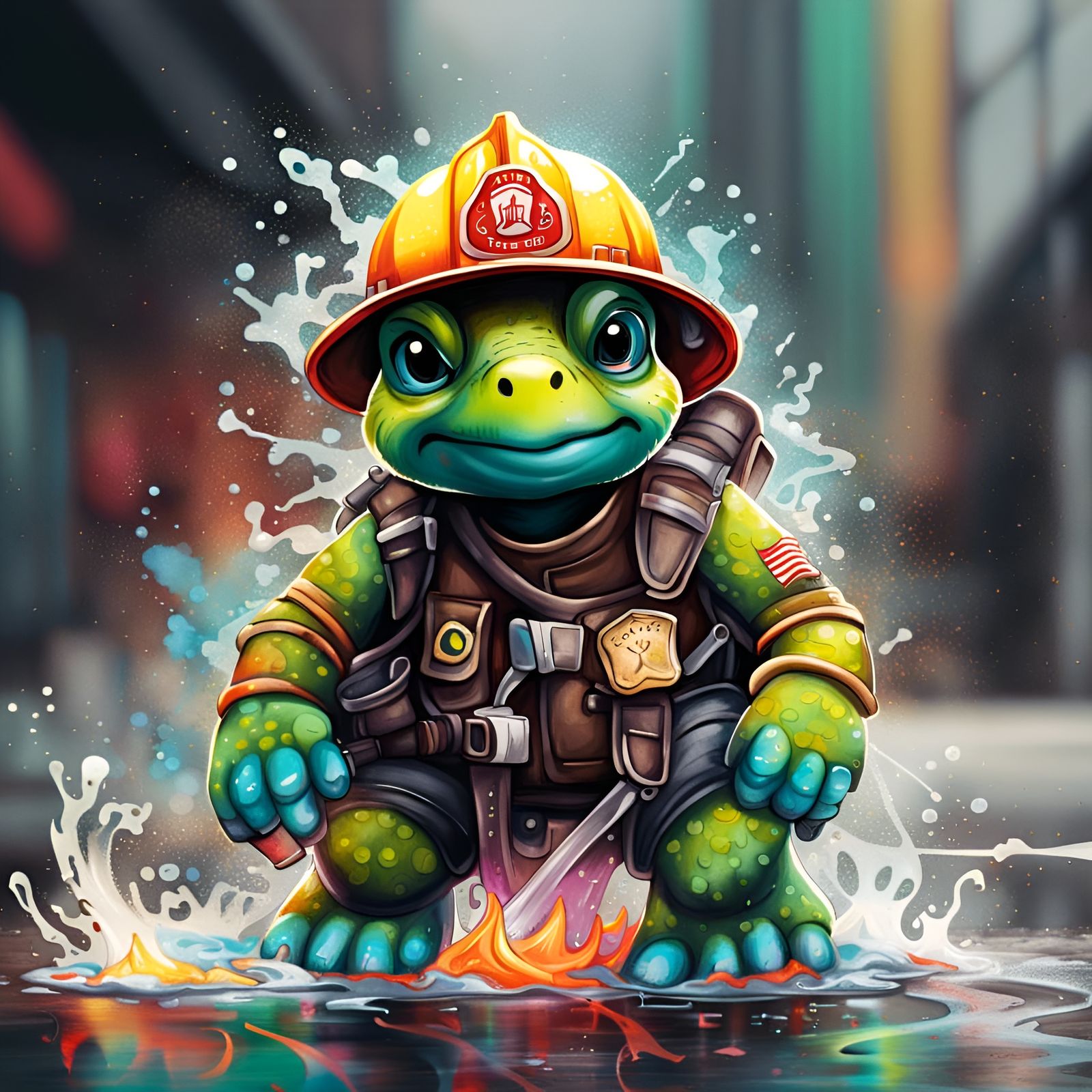 An adorable little firefighter turtle graffiti art, splash art, street ...