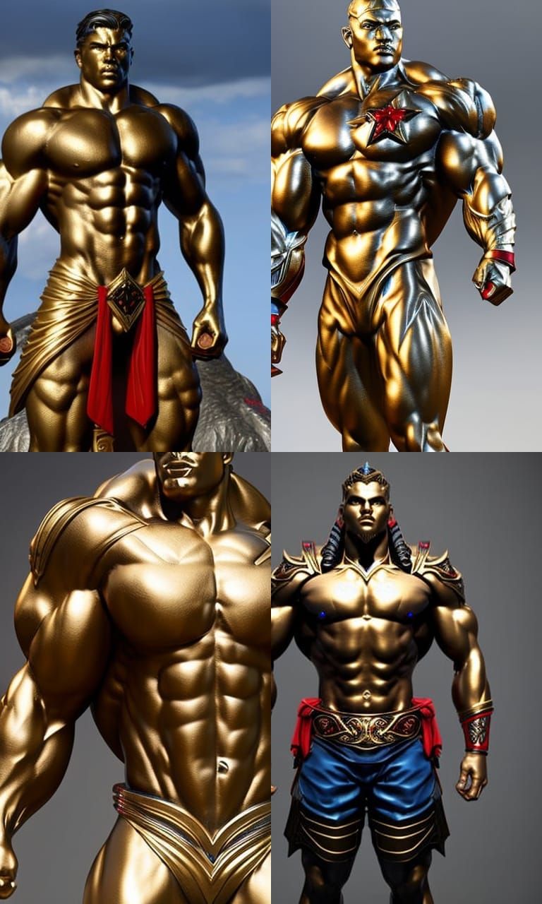 Intricately detailed golden sculpture of a buff, ripped, defined man ...