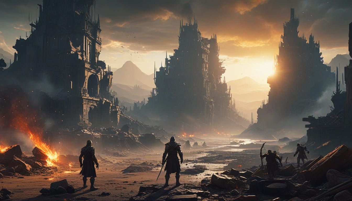 Into The Fray - Warriors Charging into Battle Amidst a Ruine...