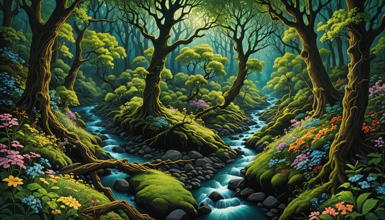 a painting of a river running through a forest, an ultrafine detailed ...