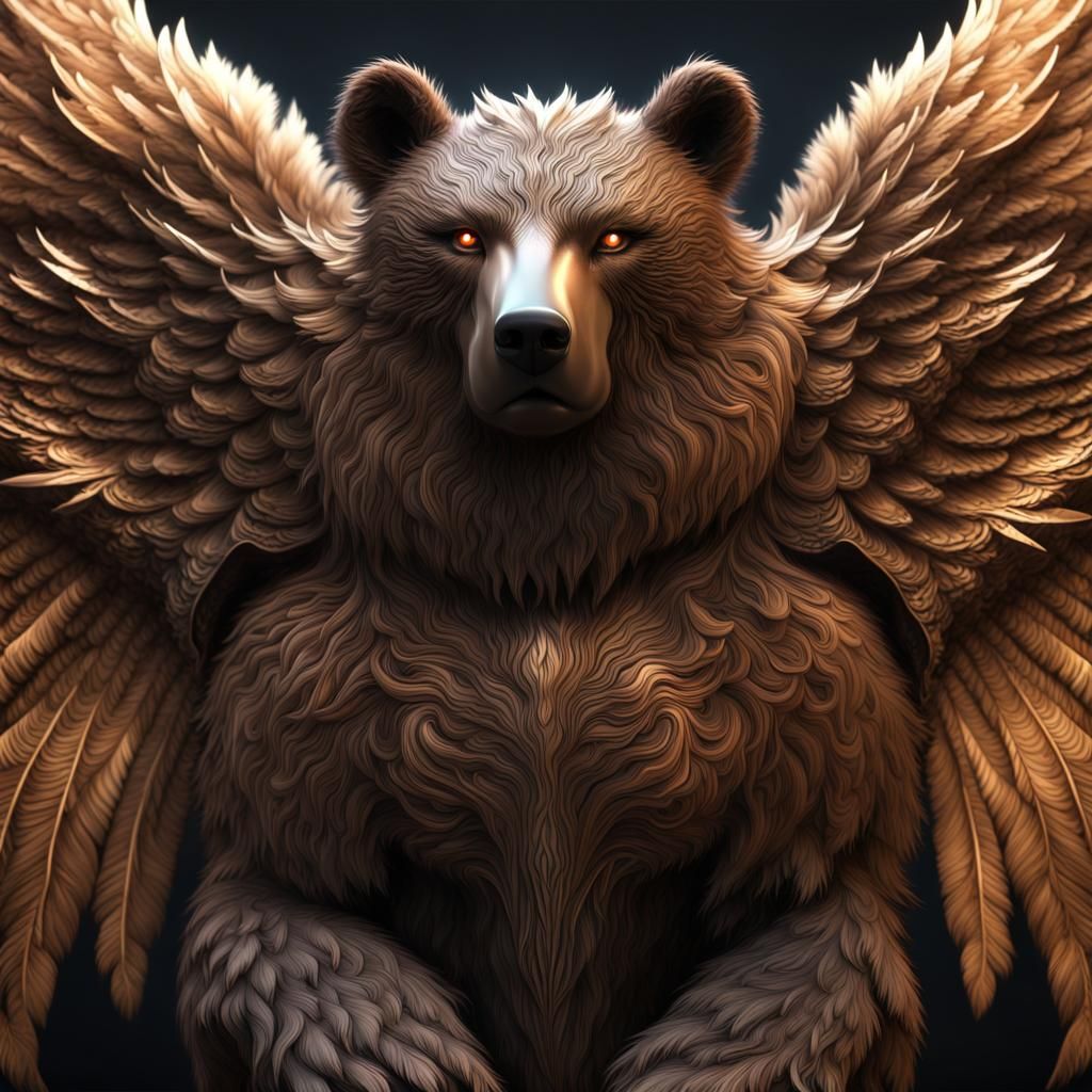 large protective winged bear, multilayered_glowing_reflective_eyes ...