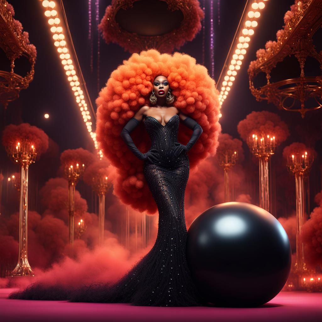 Drag Queen. Theme Huge Black Balls Extravaganza. Fluffy Black Balls big ...