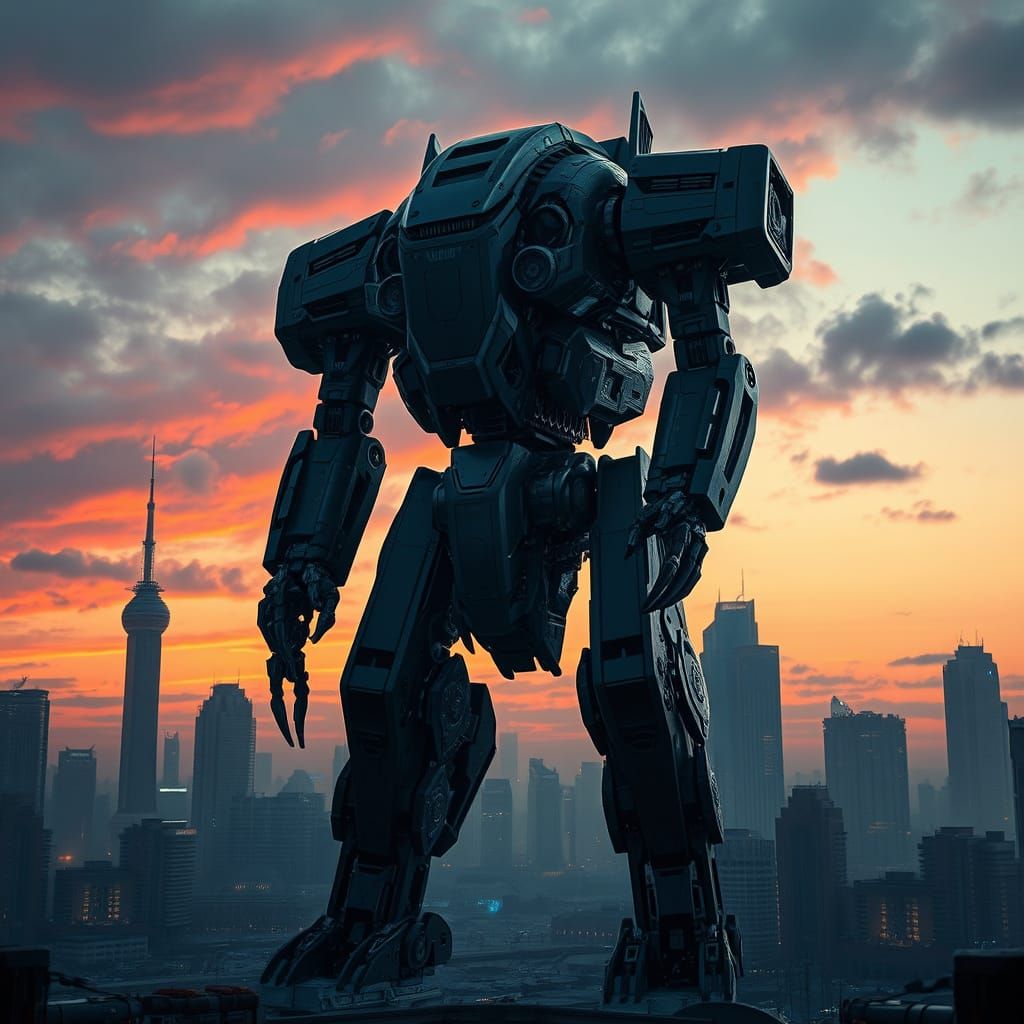 Futuristic Jaeger Robot Warrior in Dystopian Citys... - AI Art