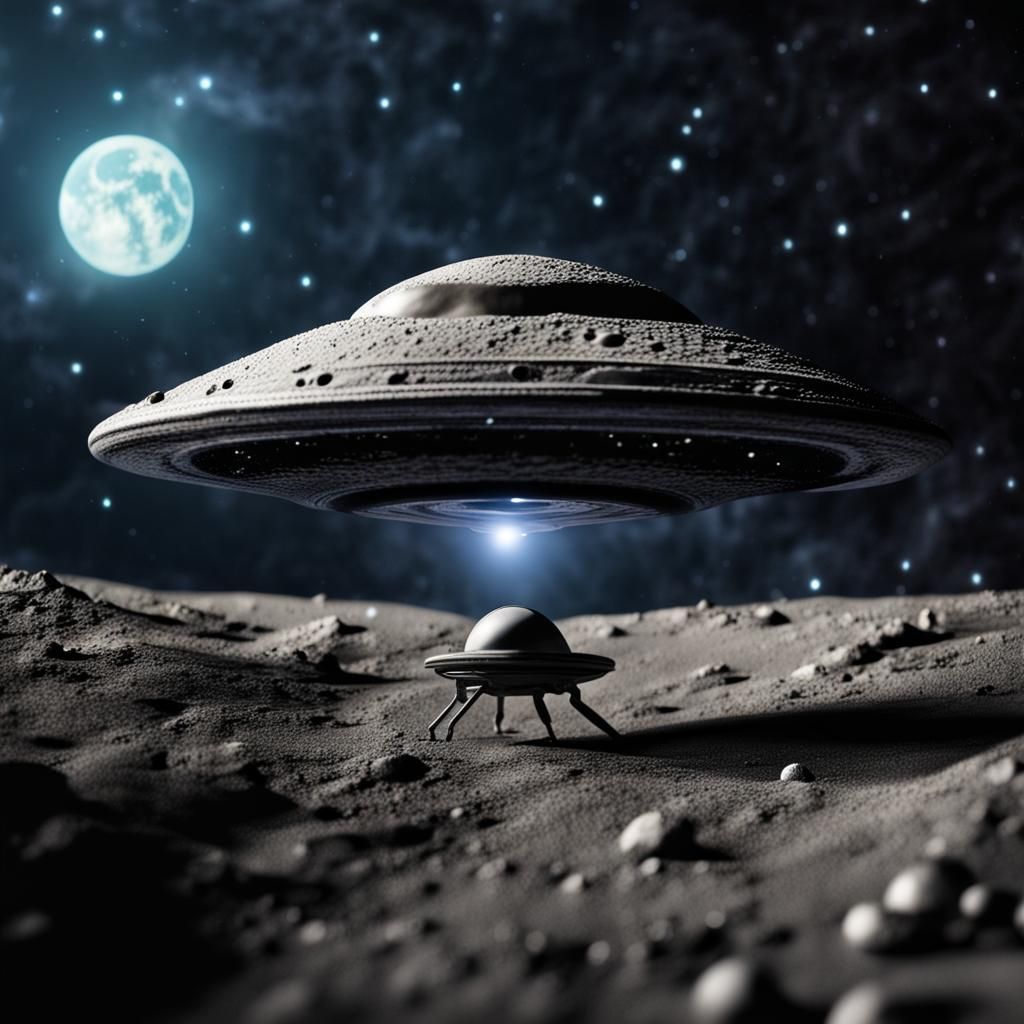 Photograph, Macro, miniature ufo with alien in it on the moon surface ...