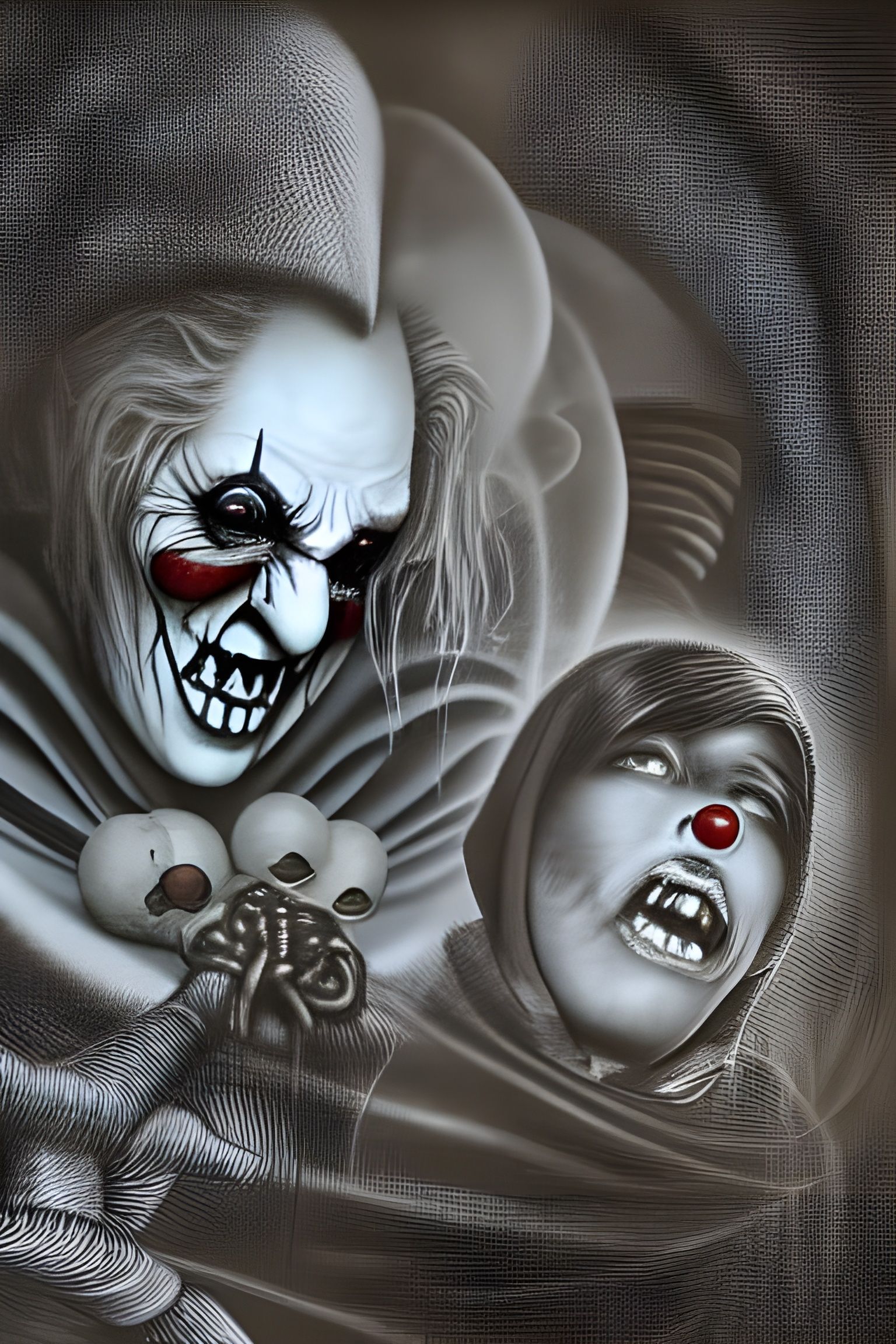 Scary, evil clowns, horrific, terrifying, cinematic, hyperrealistic ...