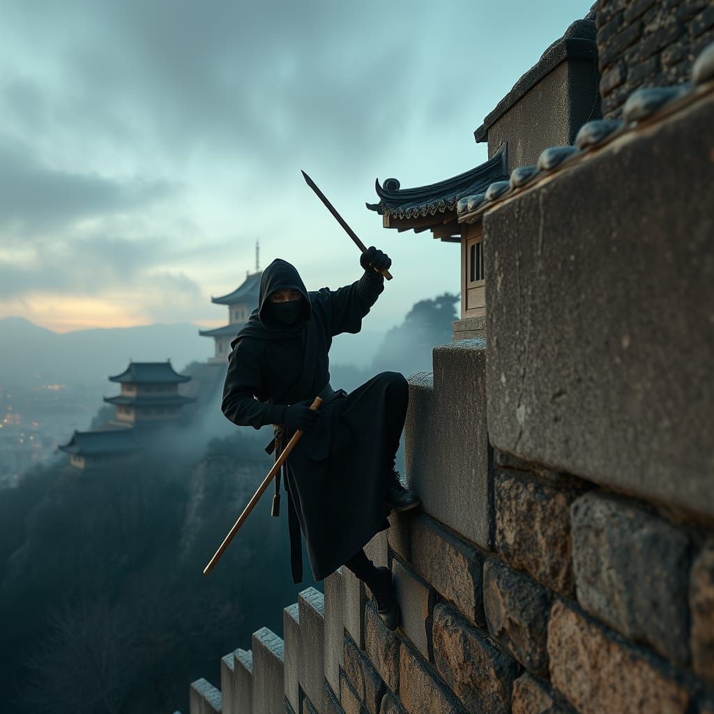 Ninja Scaling Castle Wall in Feudal Japan Photo - AI Art