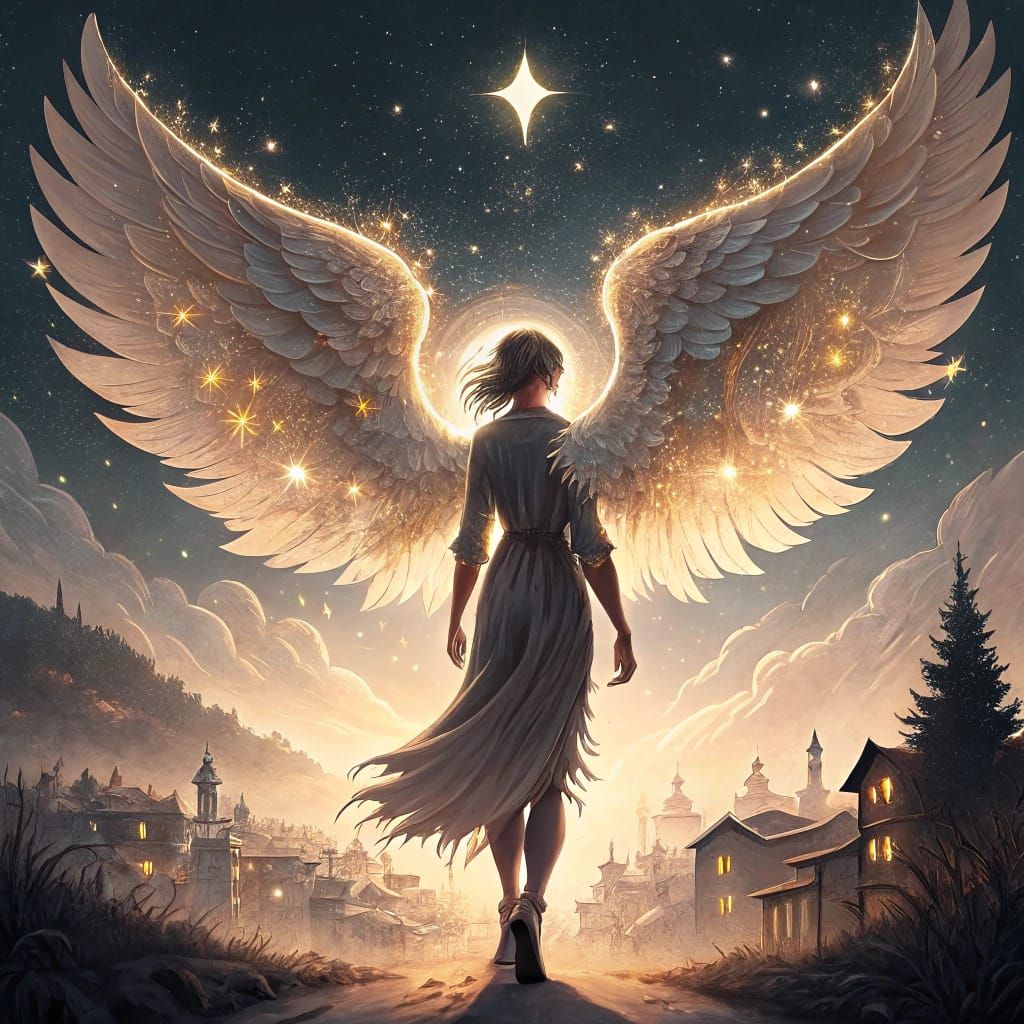 A cosmic angel in front of an nightly city