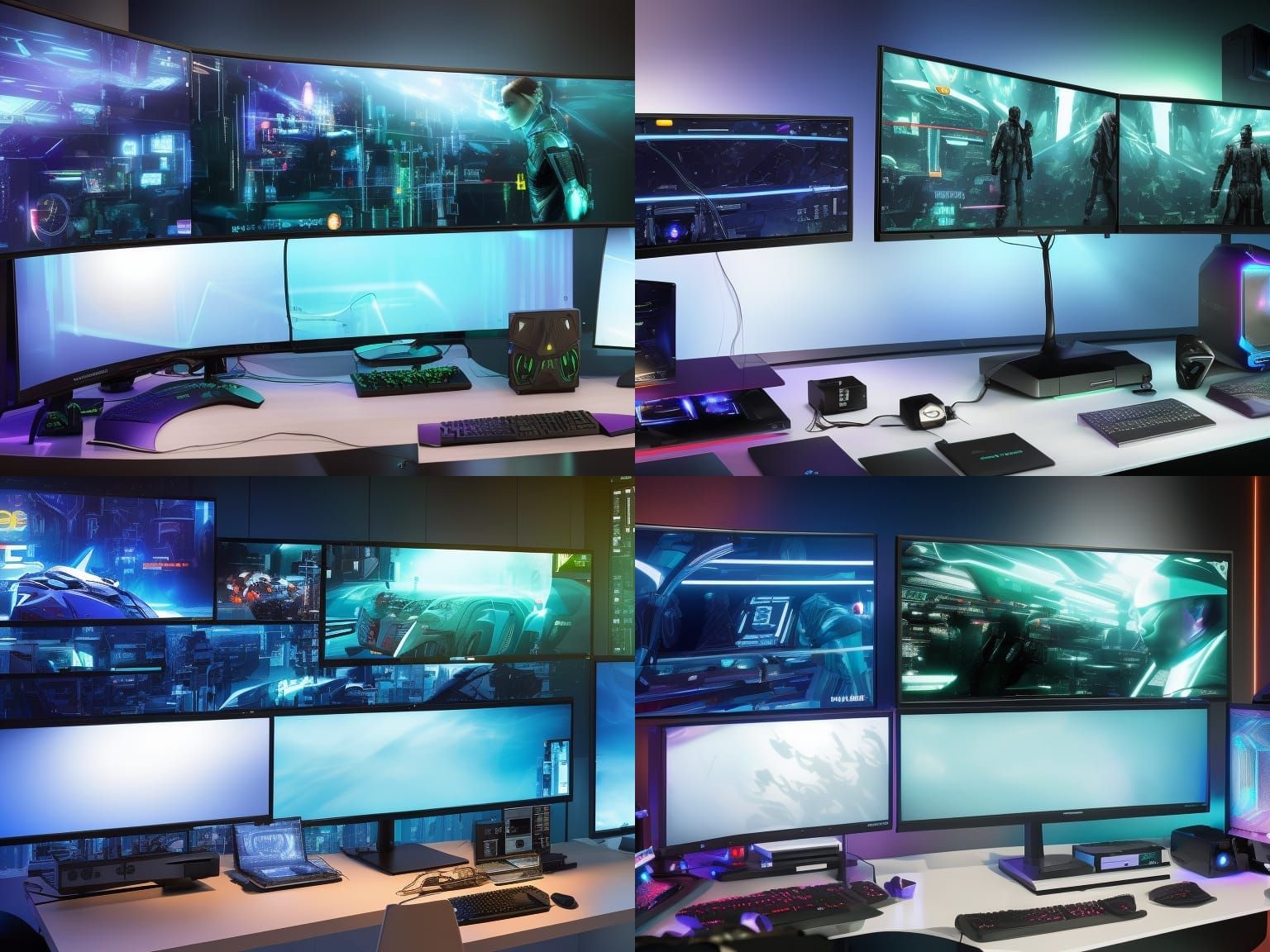futuristic dual monitor computer gaming setup; Wide screen monitor; in ...