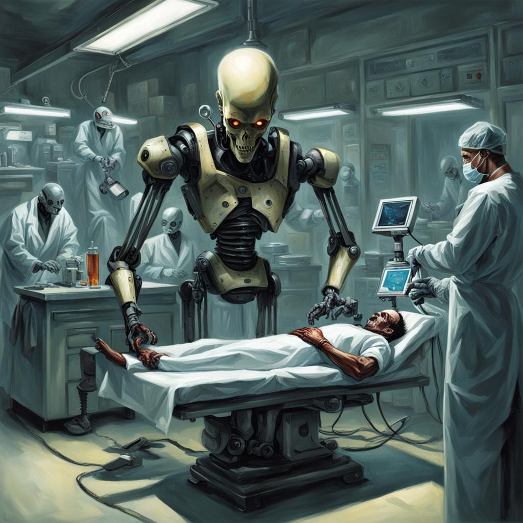 Robotic alien performing surgery on a human man - AI Generated Artwork ...