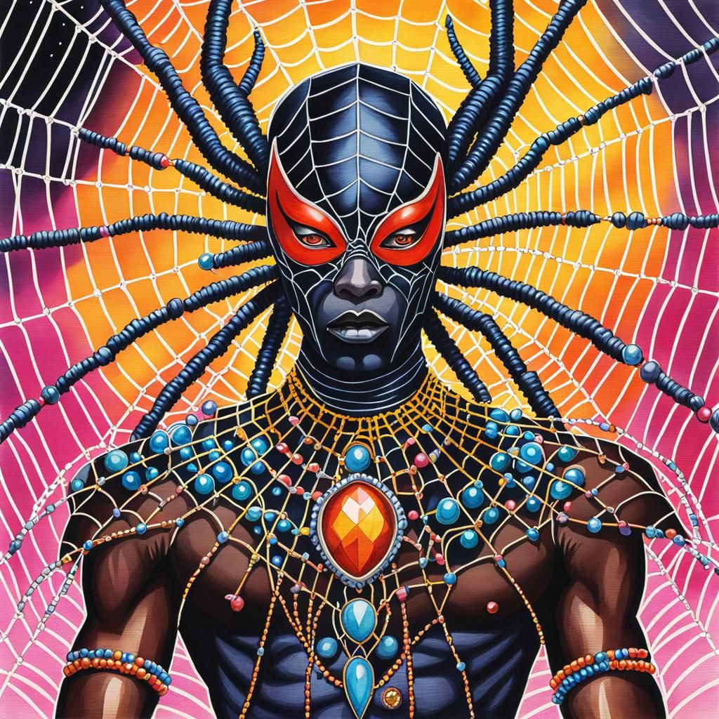Water color and colored pencil drawing of West African Spider god Anansi wearing beaded spider ...