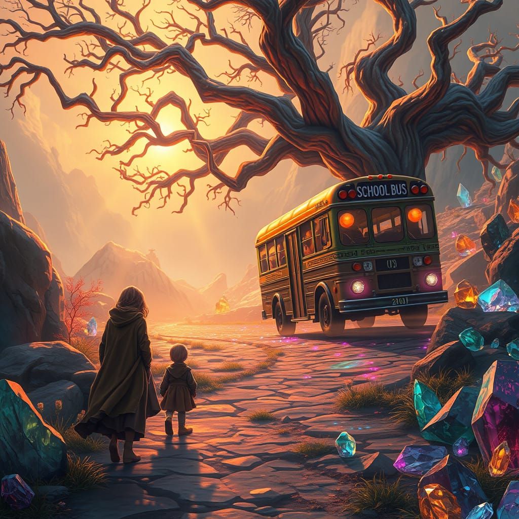 Mother Waits Beside Ancient Tree for Child's Encha... - AI Art