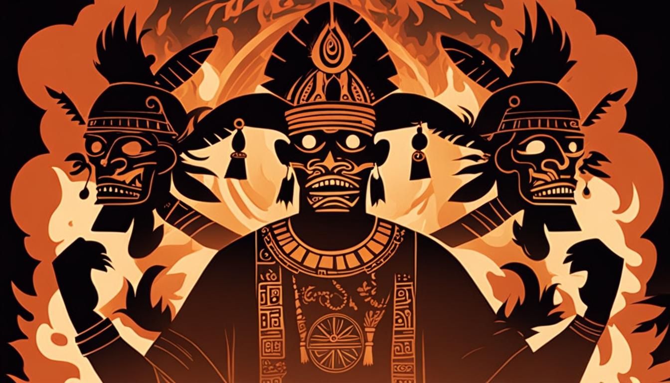 An Aztec priest wears a Xiuhtecuhtli mask , surrounded by smoke and ...