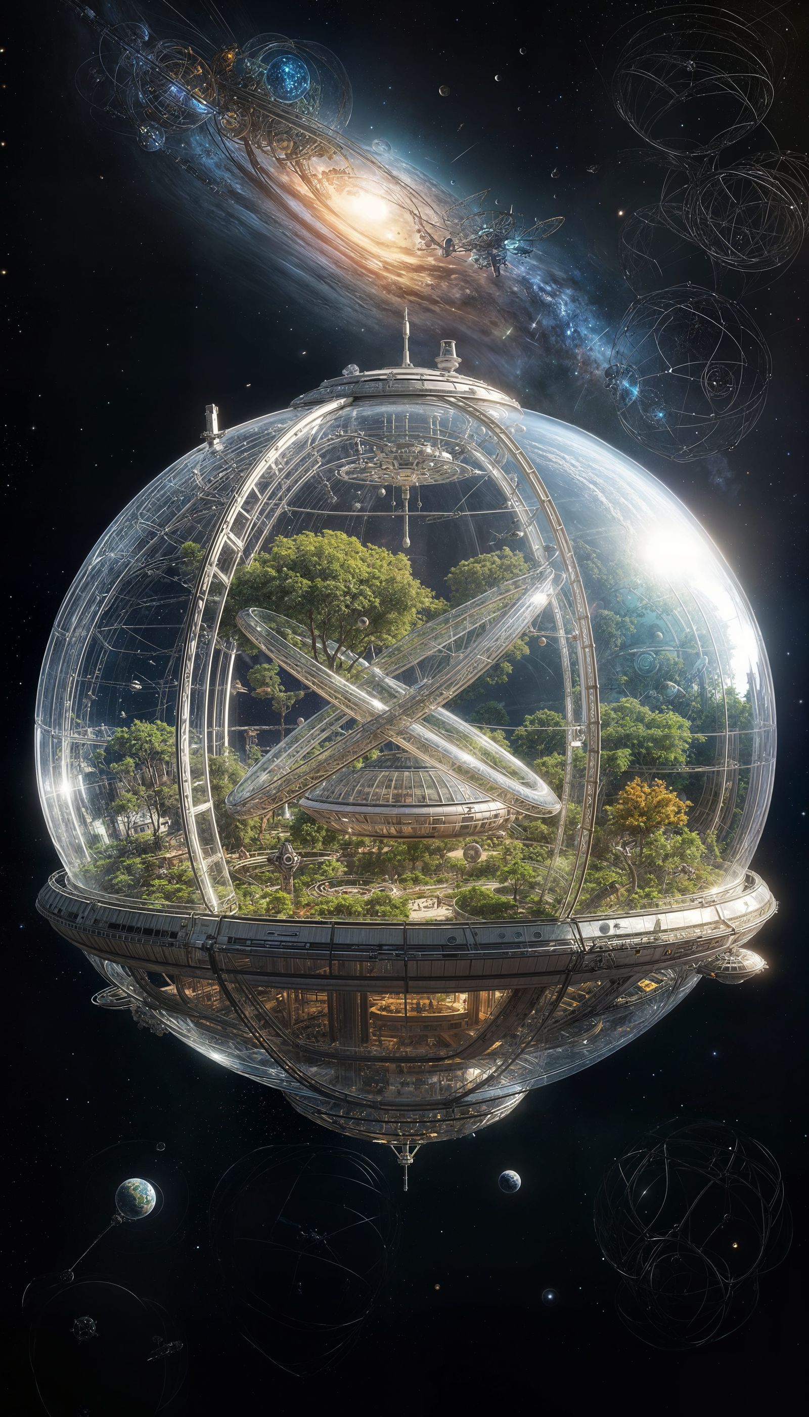 A massive quadruple-helix hemispherical transparent solarpunk terrarium ...