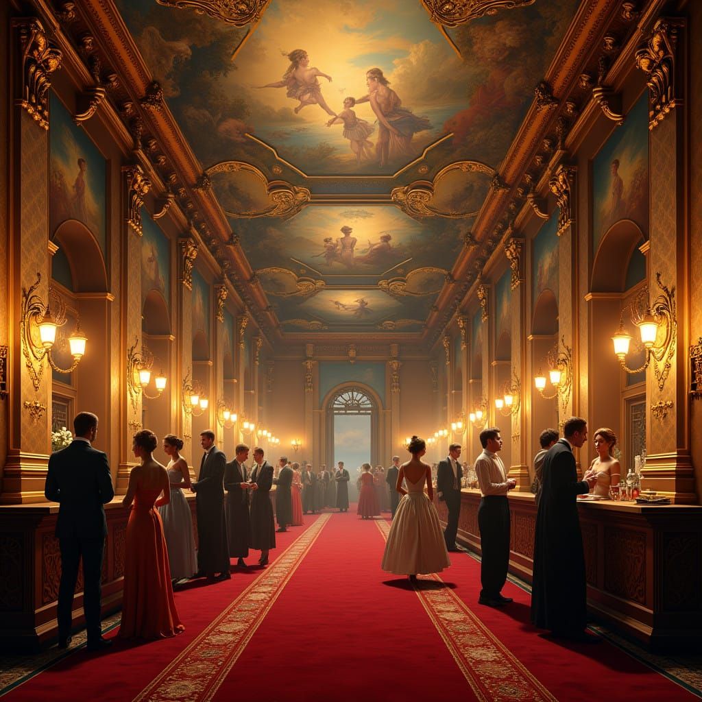 Elegant Opera House Lobby Scene with People and La... - AI Art