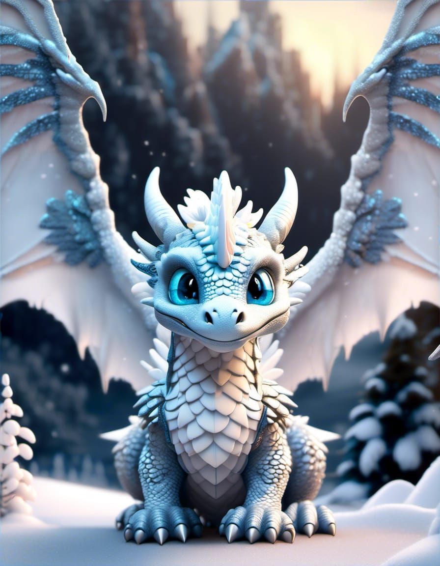 Insanely detailed cute and adorable fluffy puffy little snow ice dragon ...