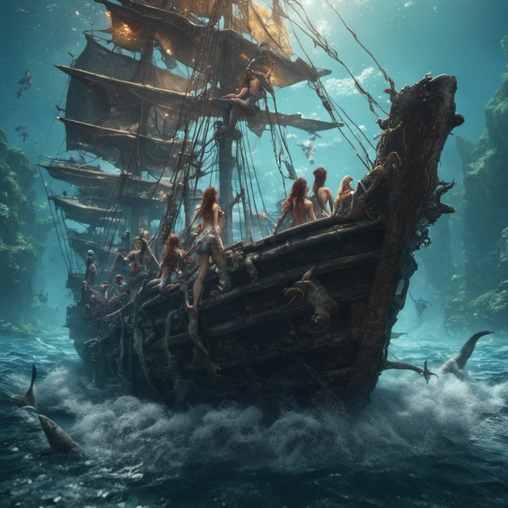 mermaids surging from underwater. The mermaids swarm the sides of the ...