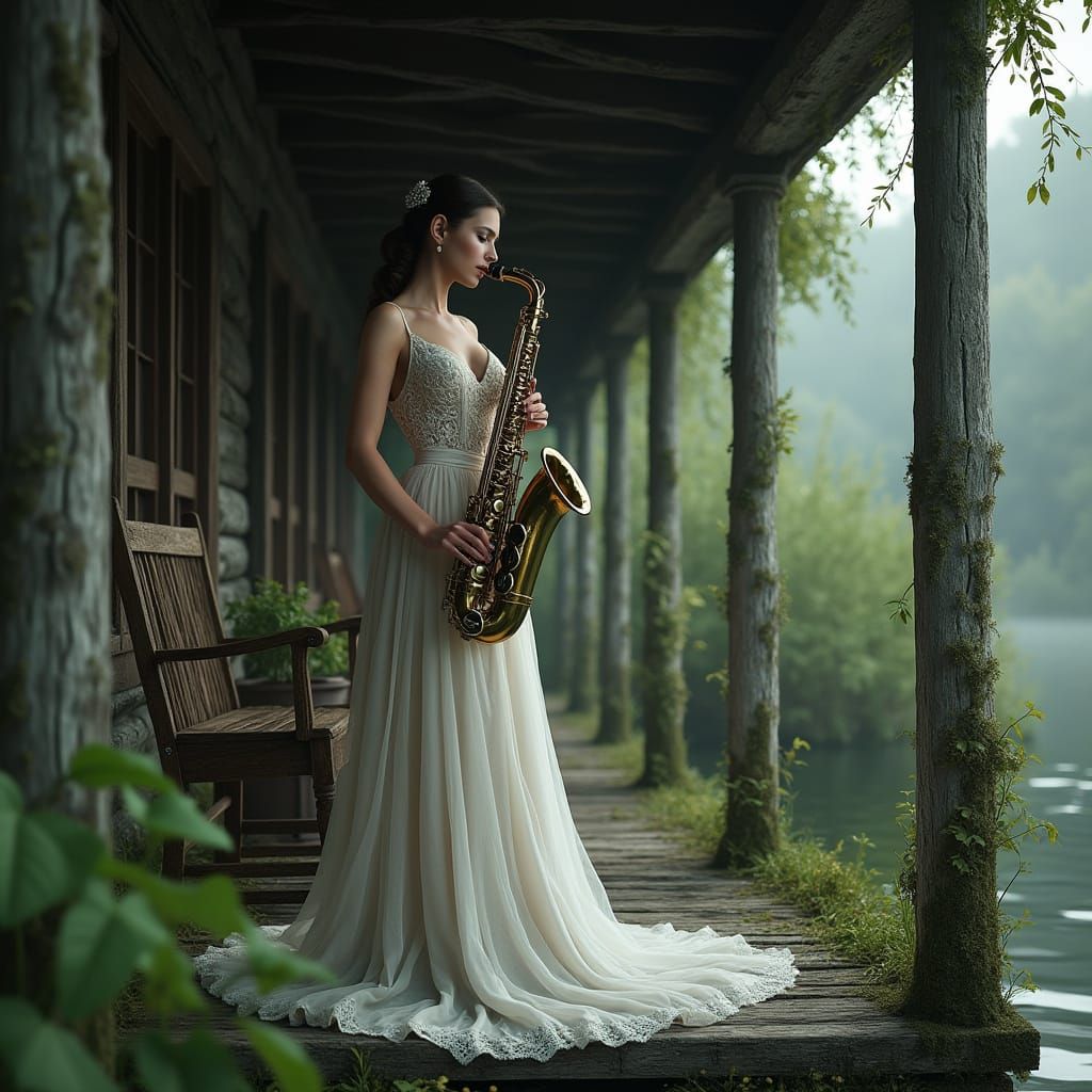 Elegant Woman Plays Saxophone on a Rustic River Ho... - AI Art