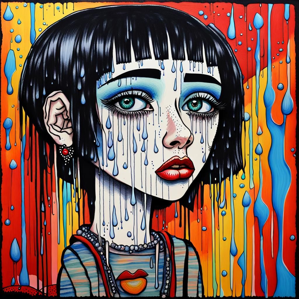a drawing of a woman with tears on her face, a pop art painting, inspired by Margaret Keane, art ...